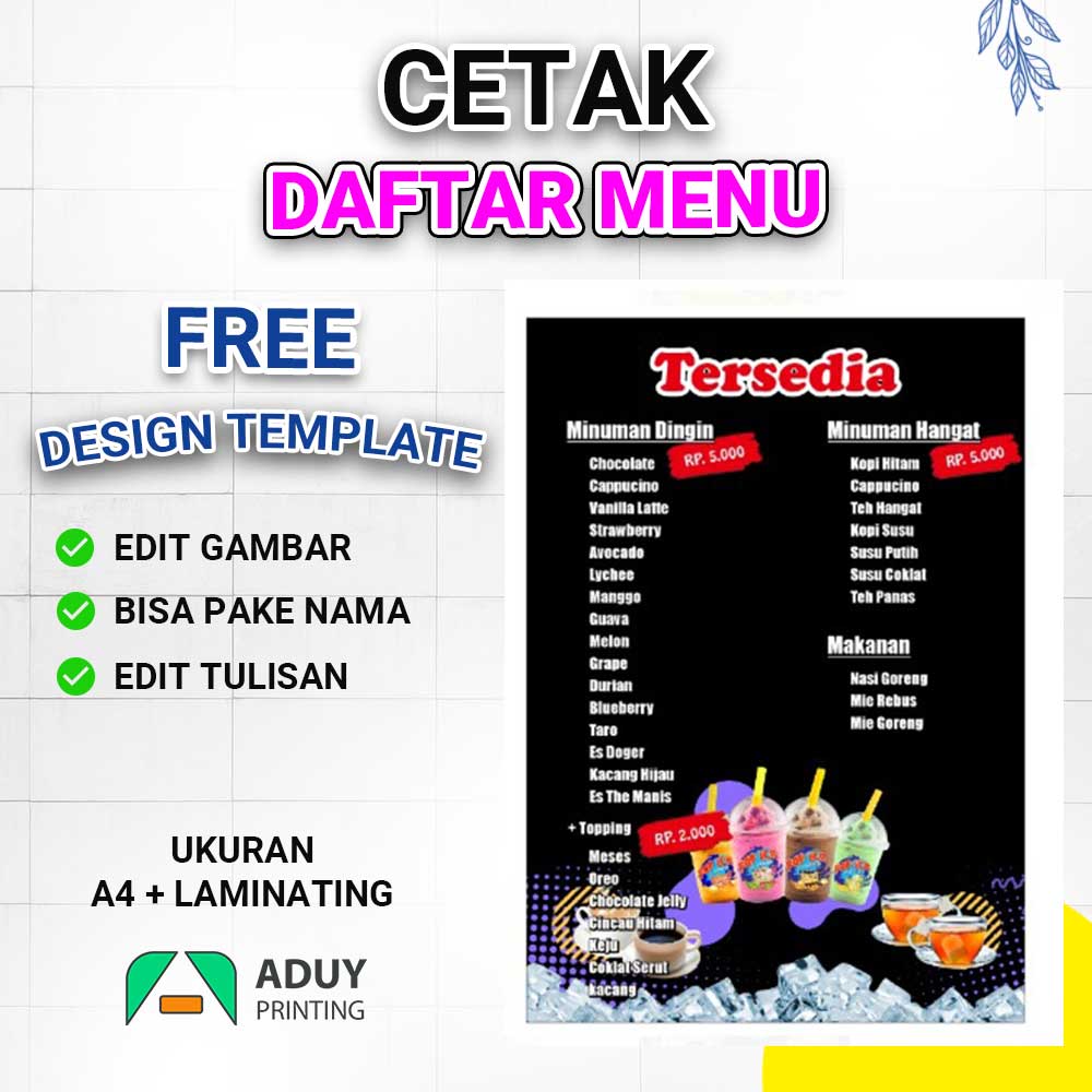 Cetak Daftar Menu Viral Untuk Jualan Ukuran A4 termasuk laminating bisa ...