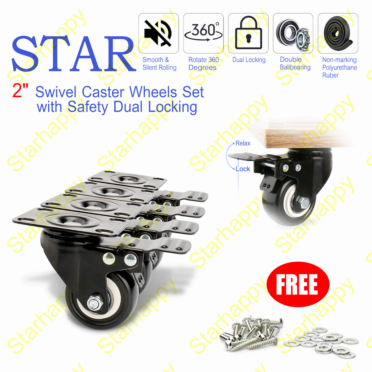 STAR 2 Inch Roda Troli Caster Dengan Rem / Roda Karet Caster Bulat 4 ...