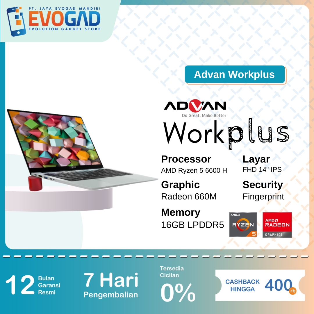 ADVAN Laptop Workplus AMD RYZEN 5 6600H 14'' FHD IPS 16GB 512GB Win 11 ...