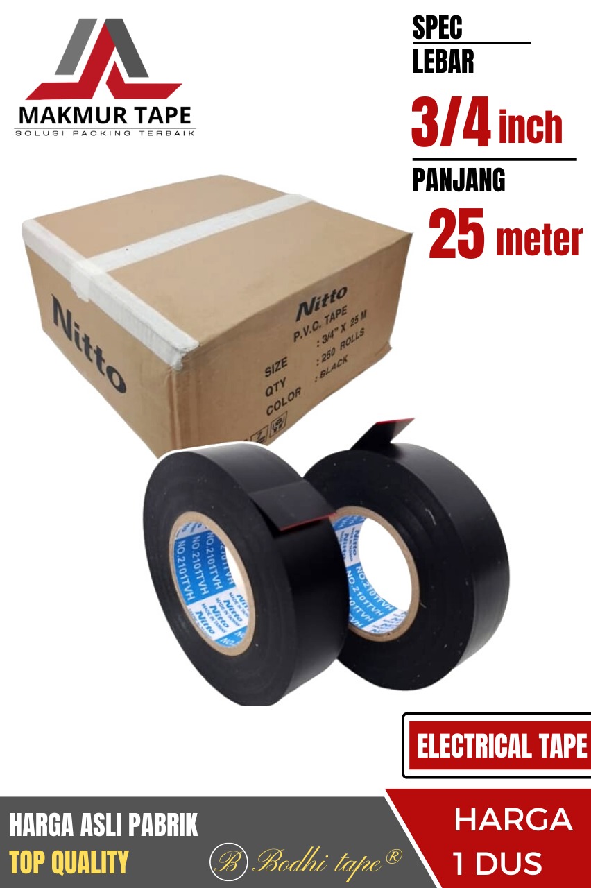NITTO ISOLASI LISTRIK ORIGINAL Tape Hitam PVC kabel nito 3/4" 25M DUS ...