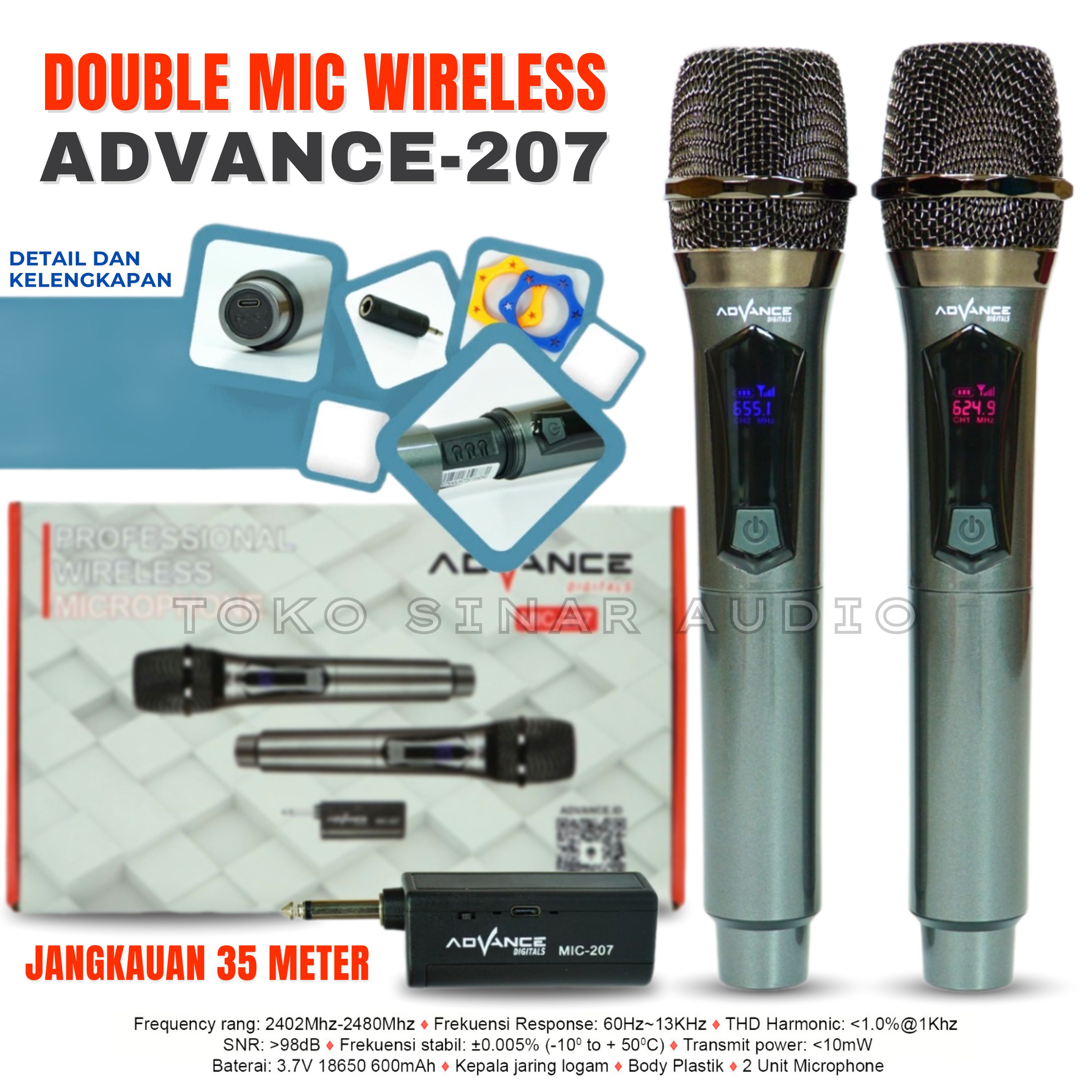 Double Mic Wireless Profesional Microphone mic tanpa kabel ADVANCE 207 ...