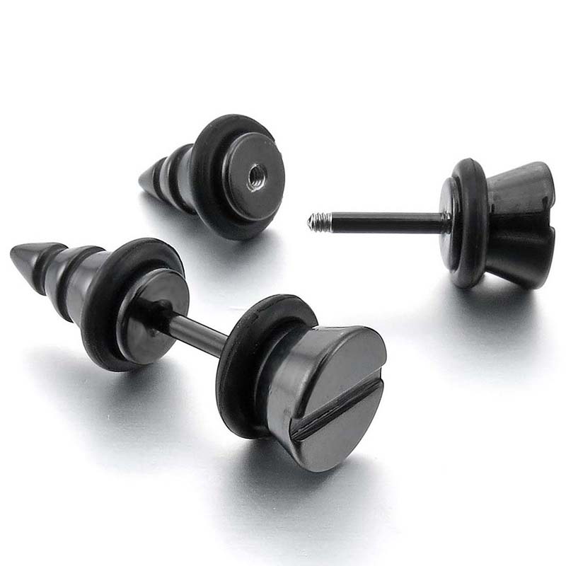 Stainless Steel Stallion Earrings Plastic Black Rubber Screw Spike ...