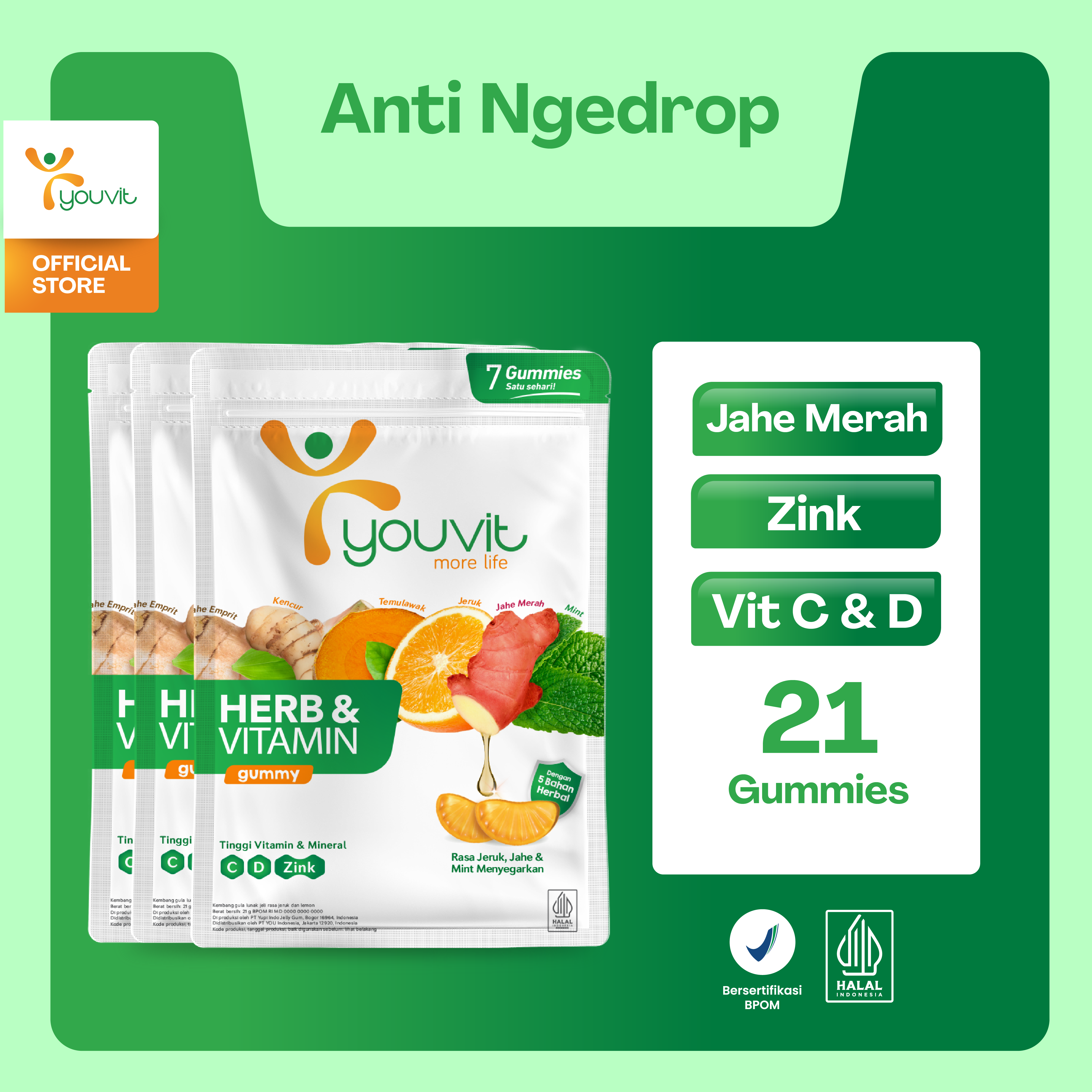 Youvit Herb & Vitamin 3 Sachet isi 21 gummies dengan Vitamin C dan Jahe ...
