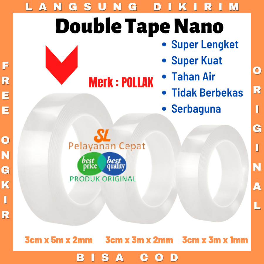 Double Tip Bening Nano POLLAK 5Meter x 2mm Super Lengket Kuat Tahan Air ...