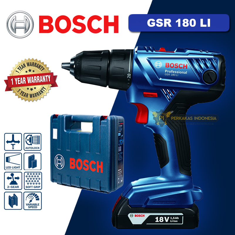 Cordless Drill Driver BOSCH GSR 180 LI 18V SET 10mm Mesin Bor Baterai ...