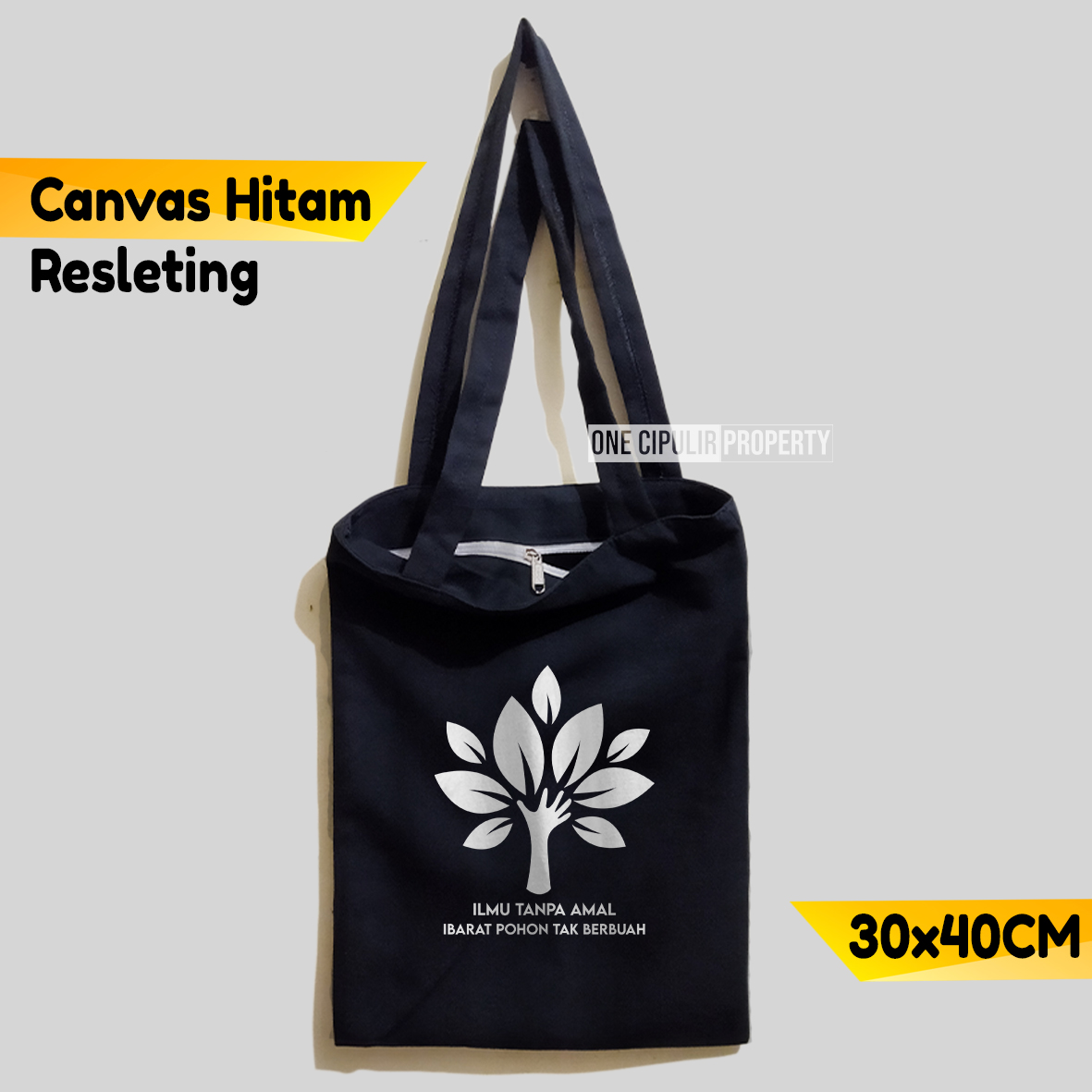 Tote Bag Hitam Canvas Tebal / Resleting / Design 1 Warna Custom ...