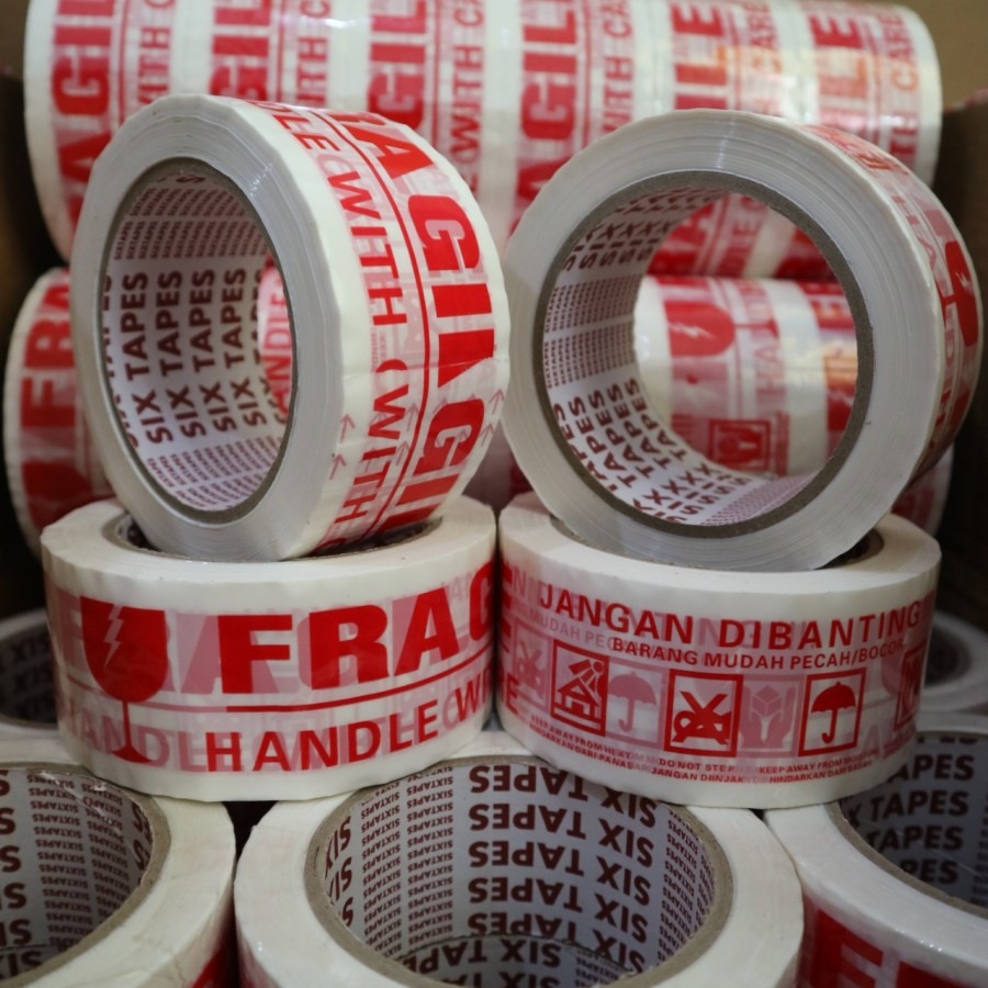 Lakban Fragile Merah Putih Besar Merk Six Tapes 48mm x 80M Lem Rekat ...