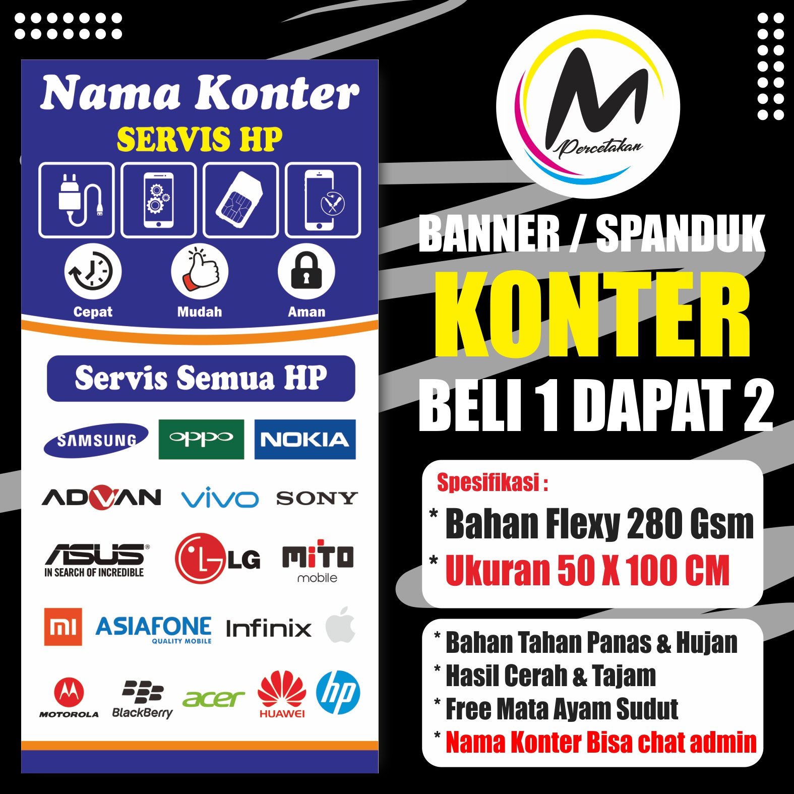 CETAK BANNER KONTER SPANDUK SERVIS HP UKURAN 50X100 CM | Lazada Indonesia