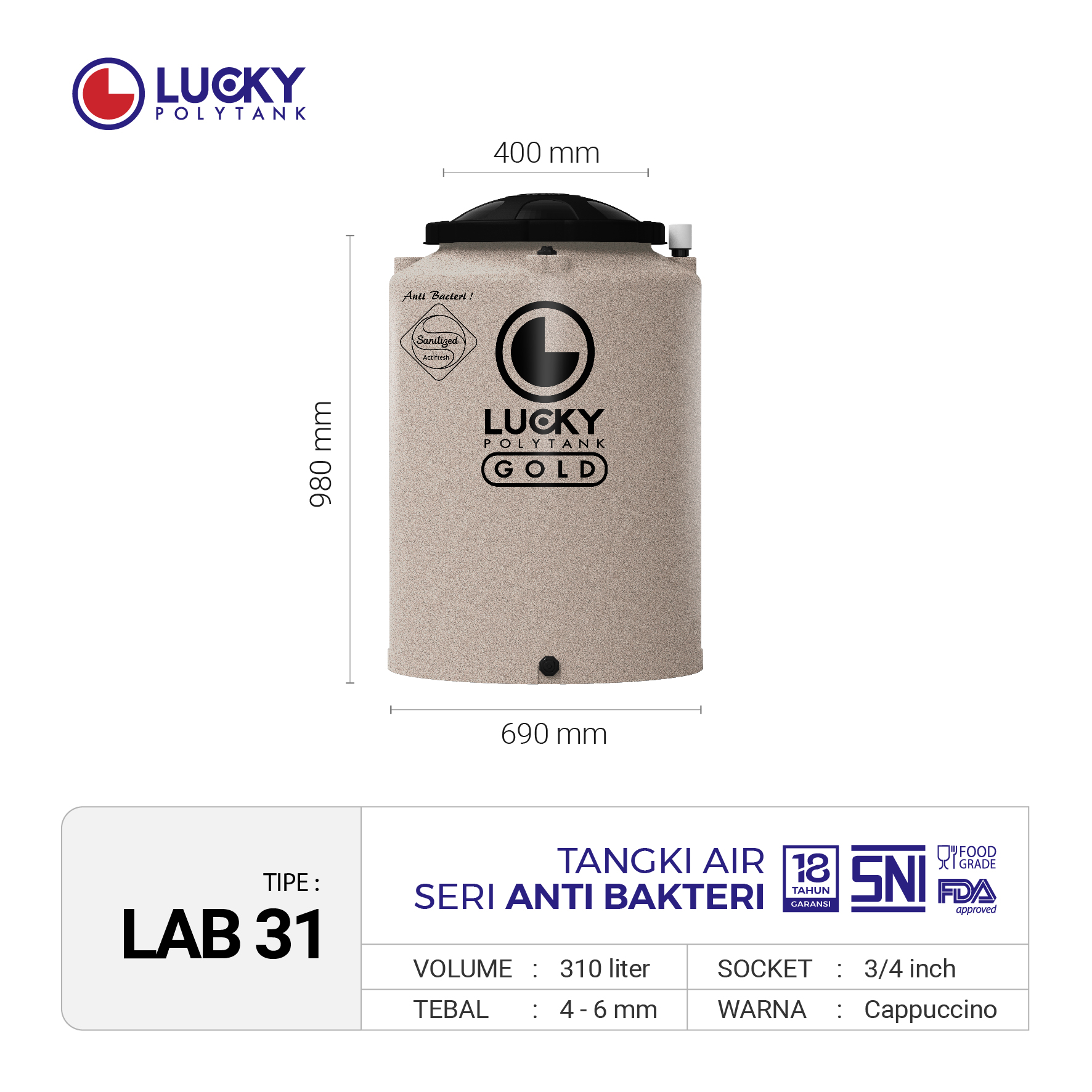 Toren Air 300 liter Antibakteri / Tangki Air Lucky / Tandon Air (LAB 31 ...