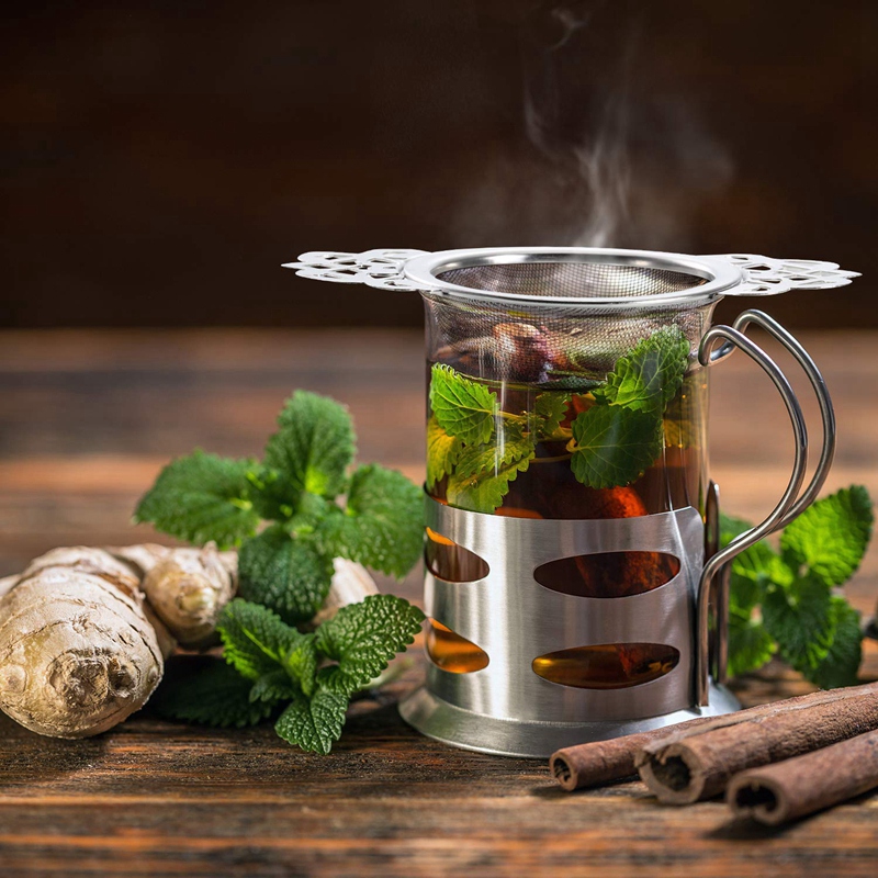 Tea Strainer with Dripping Bowl, Mesh Teapot, Stainless Steel Pine Leaf ...
