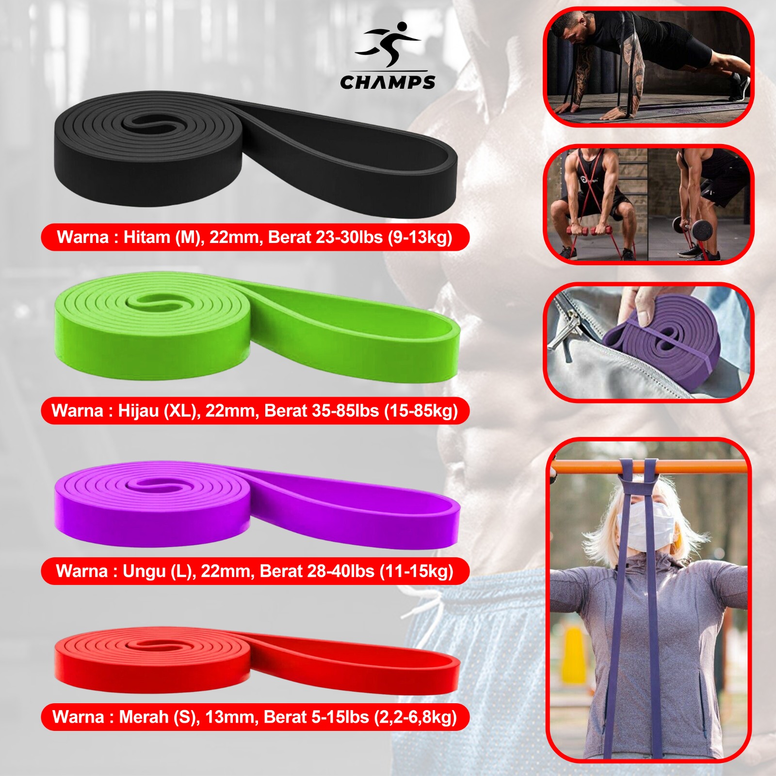 CHAMPS Resistance Hip Band Stretch Bands - Tali Elastis Latihan Paha ...