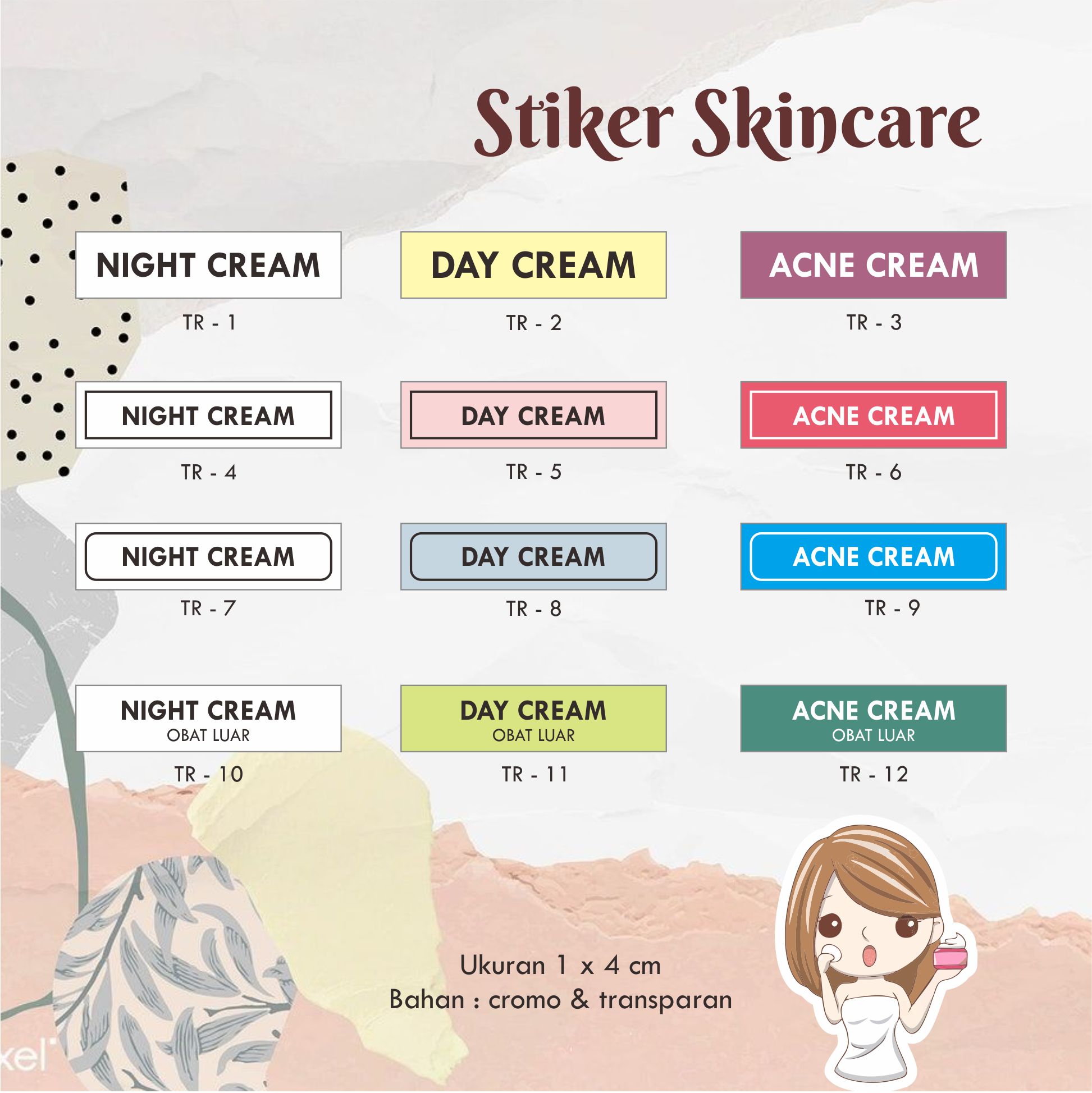 Stiker skincare cream malam / cream pagi / acne / label krem malam ...