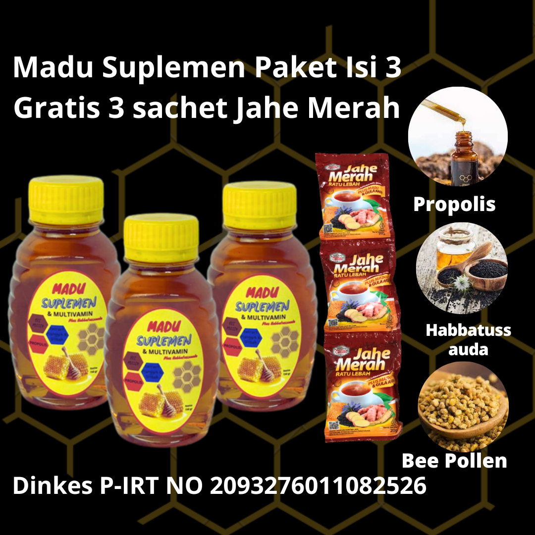 Paket isi 3 Madu Suplemen diperkaya propolis, Habbatussauda, Bee Pollen ...