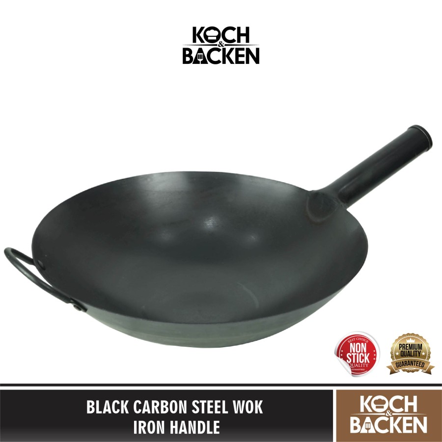KOCH&BACKEN Black Carbon Steel Wok 34cm Wajan Gagang Besi Pre-seasoned ...