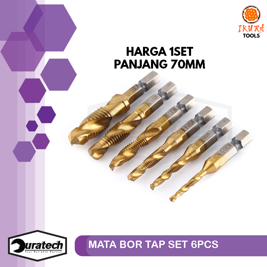 Mata bor pembuat ulir drat 6pcs drill tap set M3-M10 hex twist drill ...