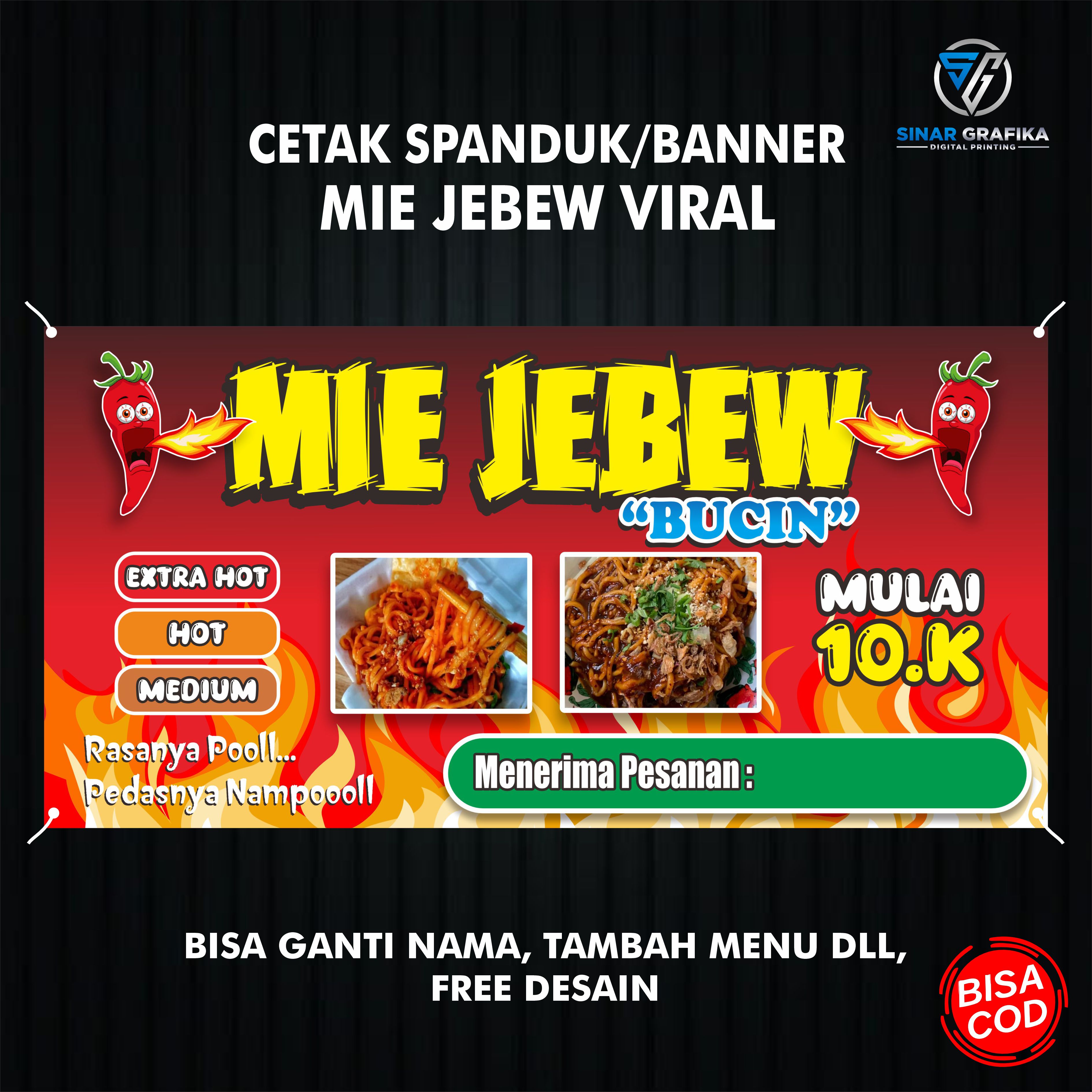 spanduk banner mie jebew, mie level pedas, mie setan | desain custom ...