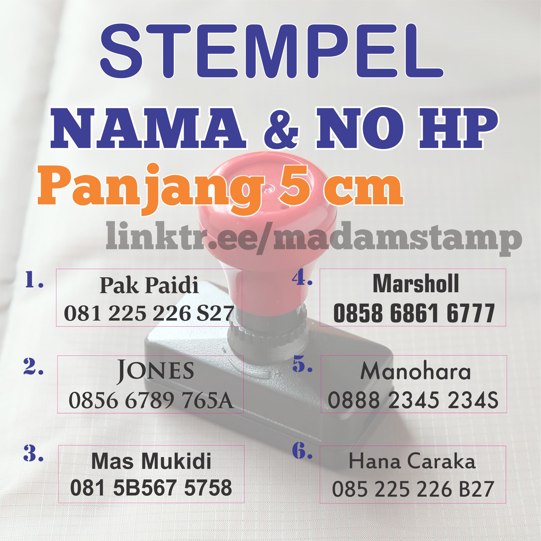 stempel nama nomor marketing sales HP rumah motor mobil hape brosur warna flash otomatis ...