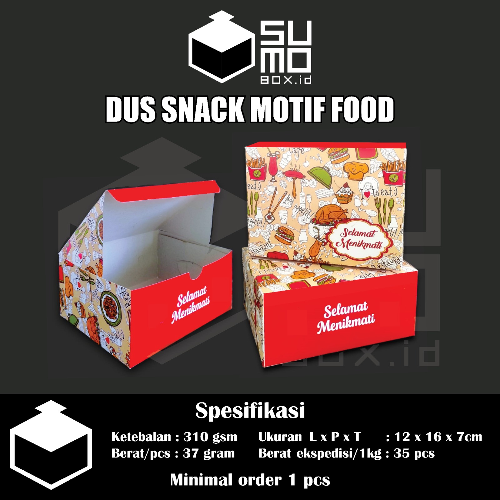 [1 PAK ISI 25] Dus Snack Sumobox Tebal Motif Makanan 12x14 12x16 / Box ...
