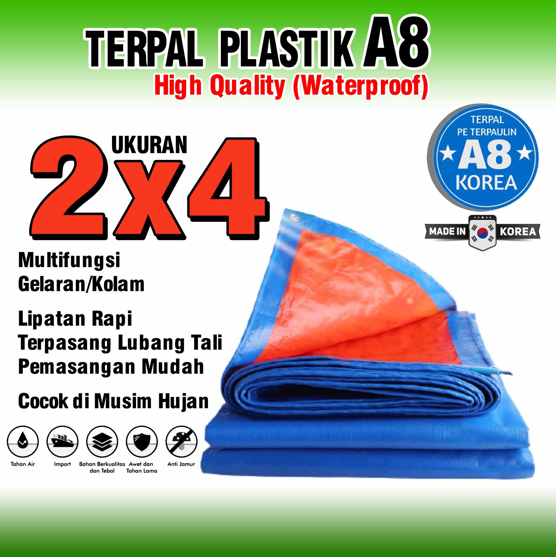 Terpal Plastik A8 Ukuran 2x4 Terpaulin Korea Tebal Tahan Panas dan Hujan Finishing Hot Press ...