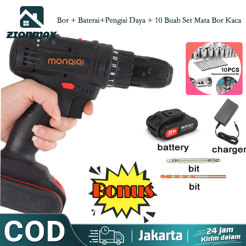 Bor Listrik Bor Tanpa kabel 36V Set Lengkap Mata Bor Cordless Drill ...