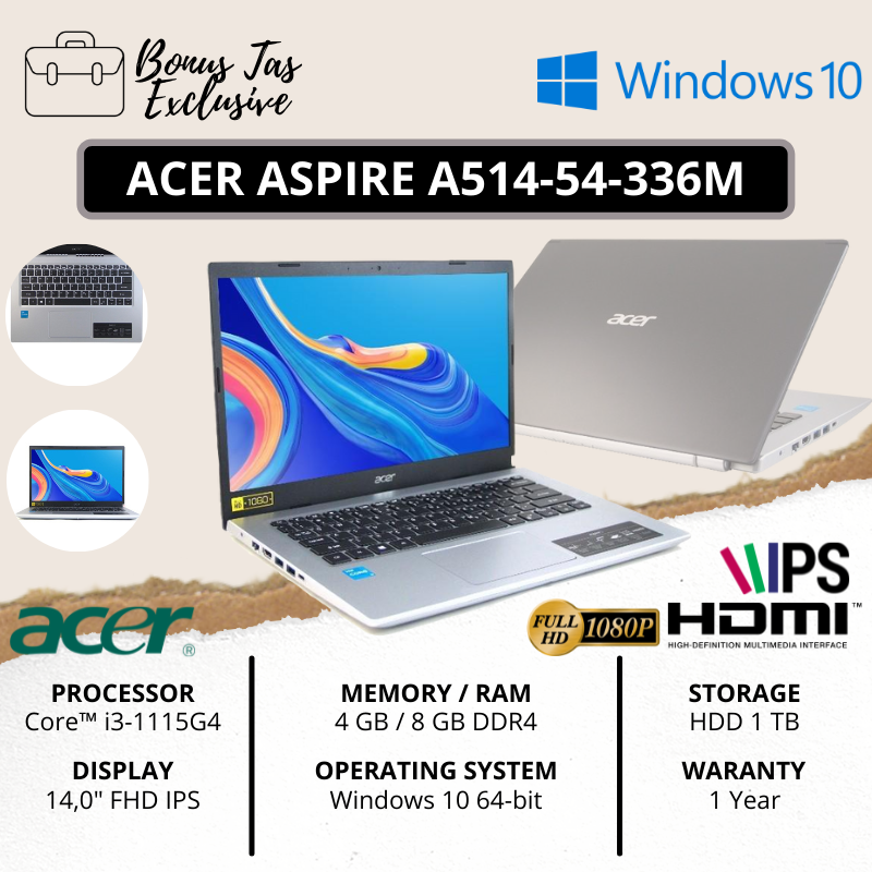 ACER ASPIRE 5 A514 54 336M i3 1115G4 8GB SSD 256GB HDD 1000GB 14" FHD WIFI INTEL UHD GRAPHICS ...