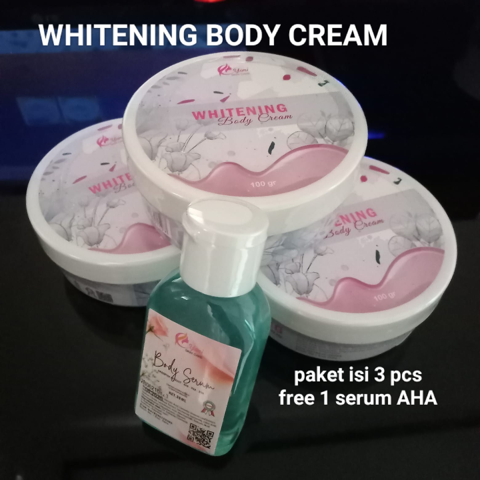PAKET 3 BODY WHITENING BUNDLING BODY CREAM 100 GRAM FREE 1 PCS SERUM ...