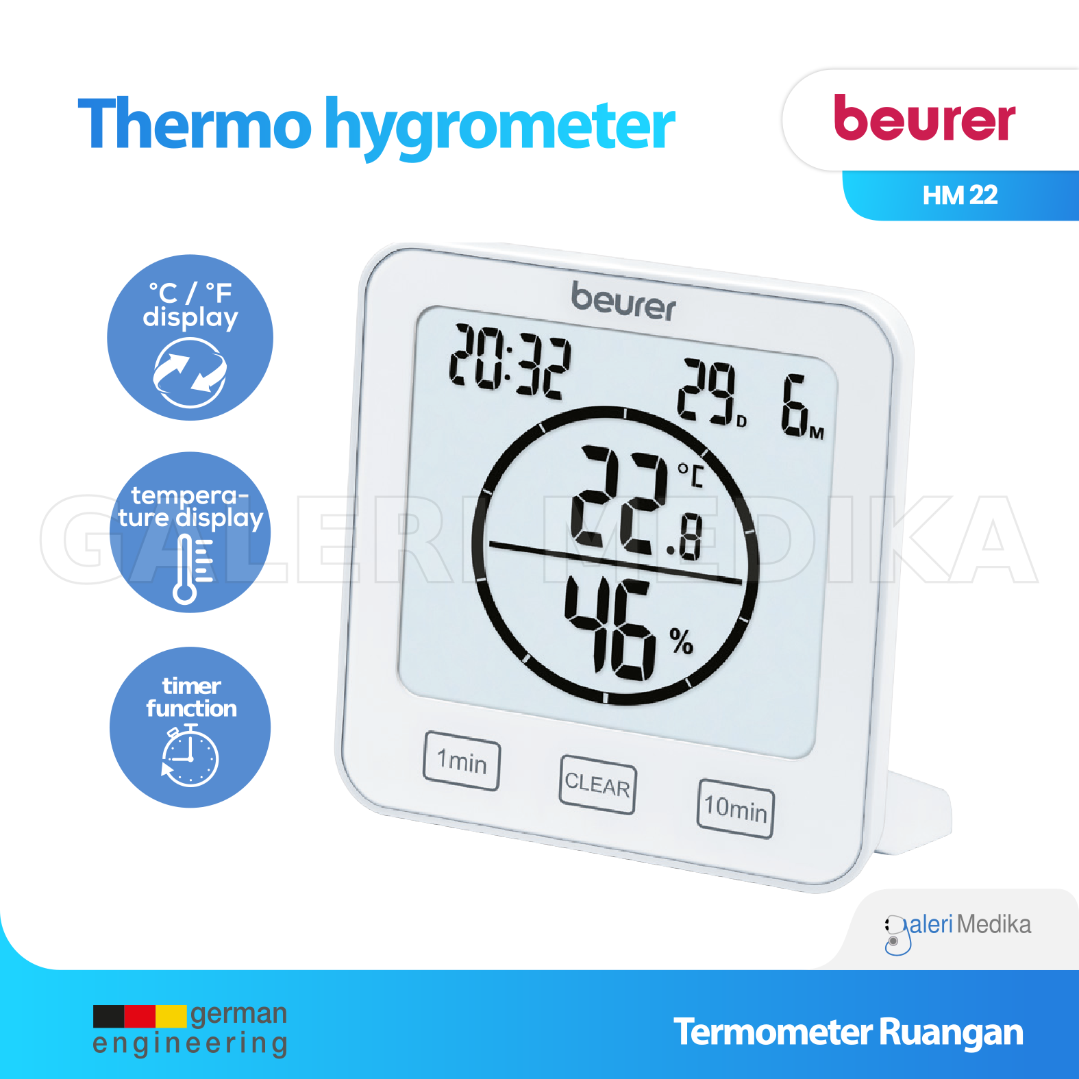 Beurer HM 22 Thermo Hygrometer dengan Timer Alat Ukur Suhu Ruangan dan ...