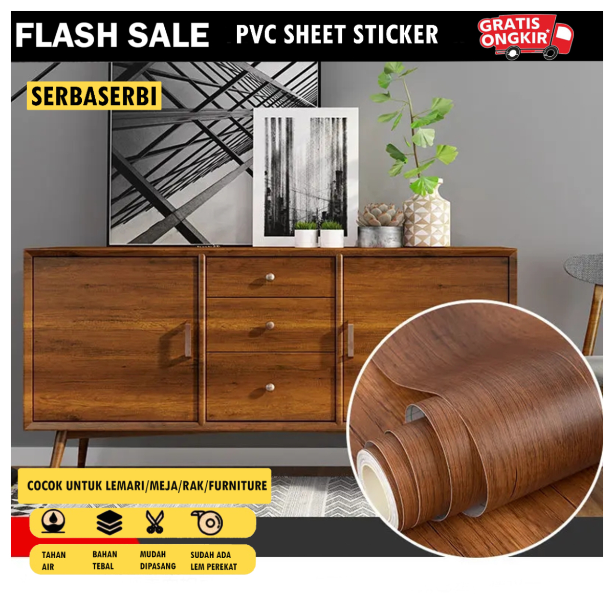 Stiker Pengganti HPL PVC Sheet Panjang 5 Meter Pelapis Furniture/Pintu ...