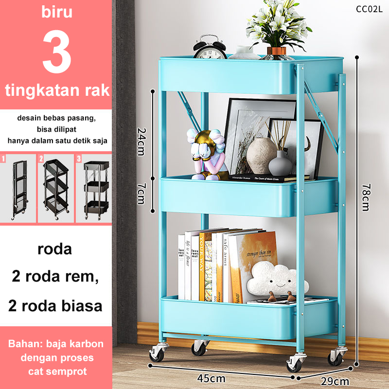 Rak Troli Besi Susun Rak Dapur Lipat Rak Roda Serbaguna | Lazada Indonesia