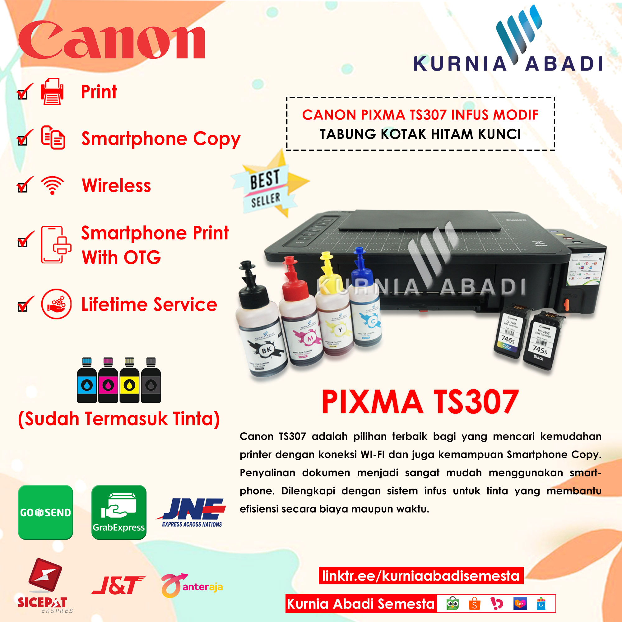 Printer Canon PIXMA TS307 Infus Tabung Kotak Print WiFi Copy Wireless ...
