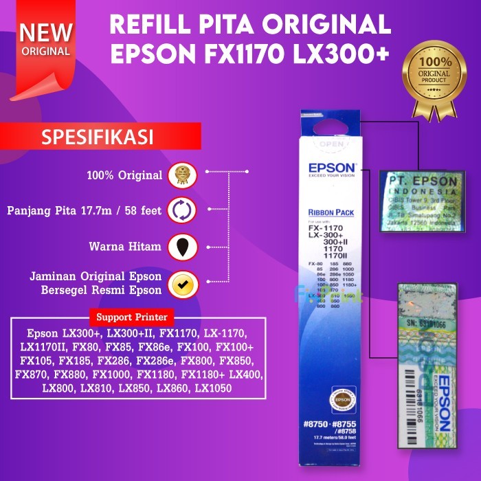 Ribbon Pack Pita Refill Epson LX-300 LX-1170 LX-310 Asli Original /DOT ...