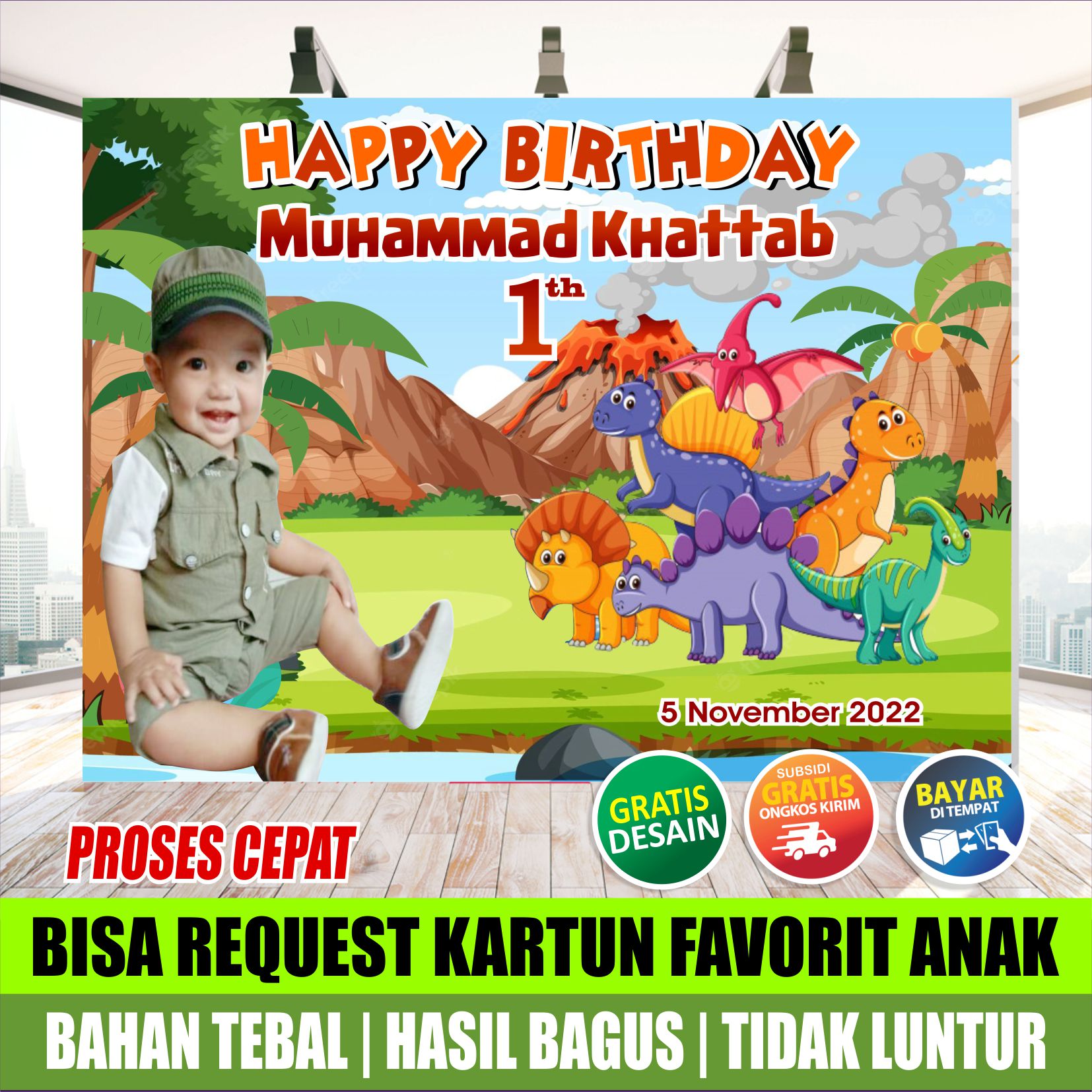 Cetak Spanduk ultah anak laki laki tema dinosaurus / banner ulang tahun ...