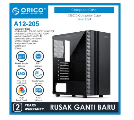 Pc case gaming Orico Atx tempered glass Usb 3.0 2.0 audio mic a12-205 jc5000 - Casing komputer ...