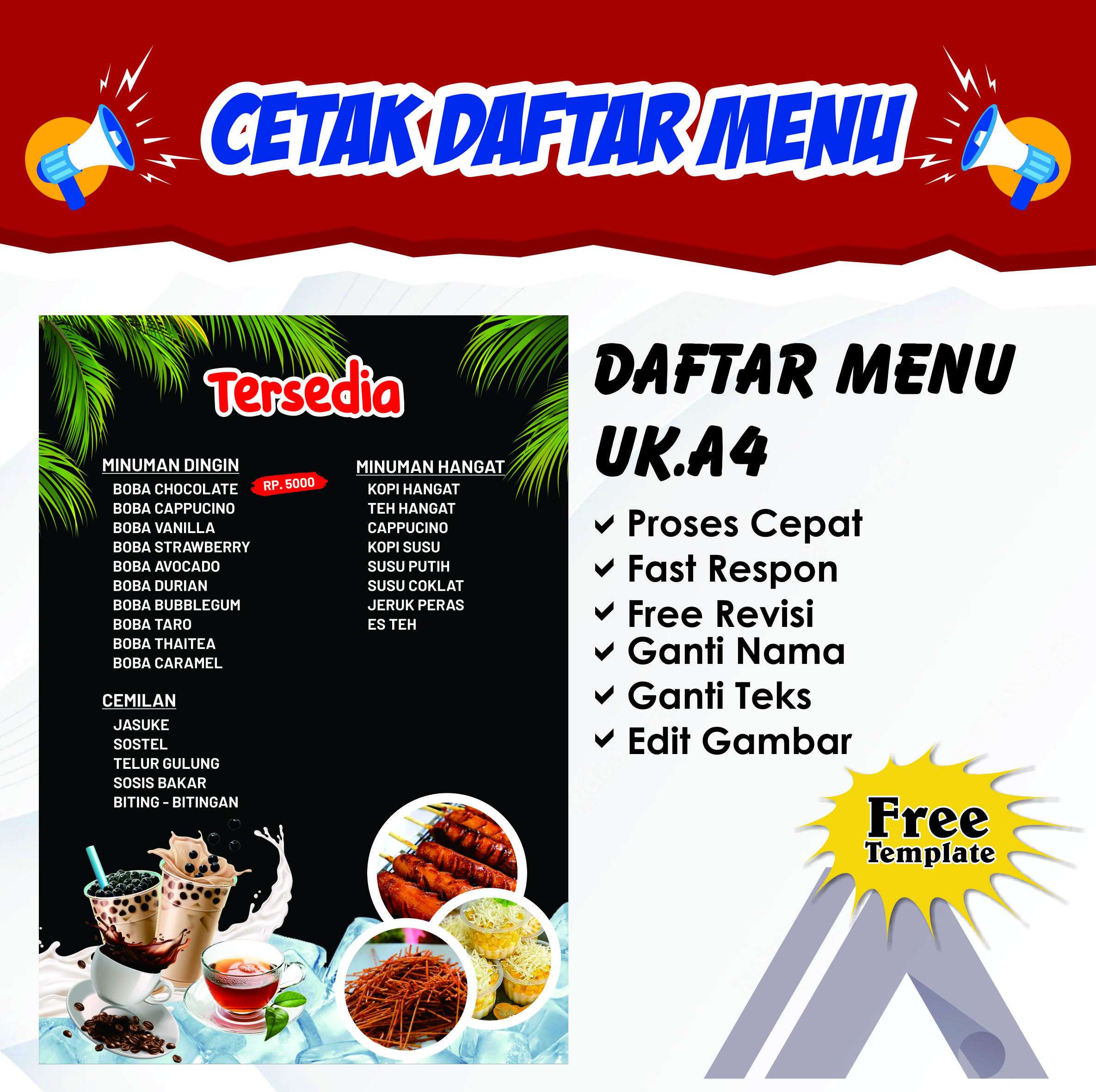 Cetak Daftar Menu Viral Untuk Jualan Ukuran A4 termasuk laminating bisa ...