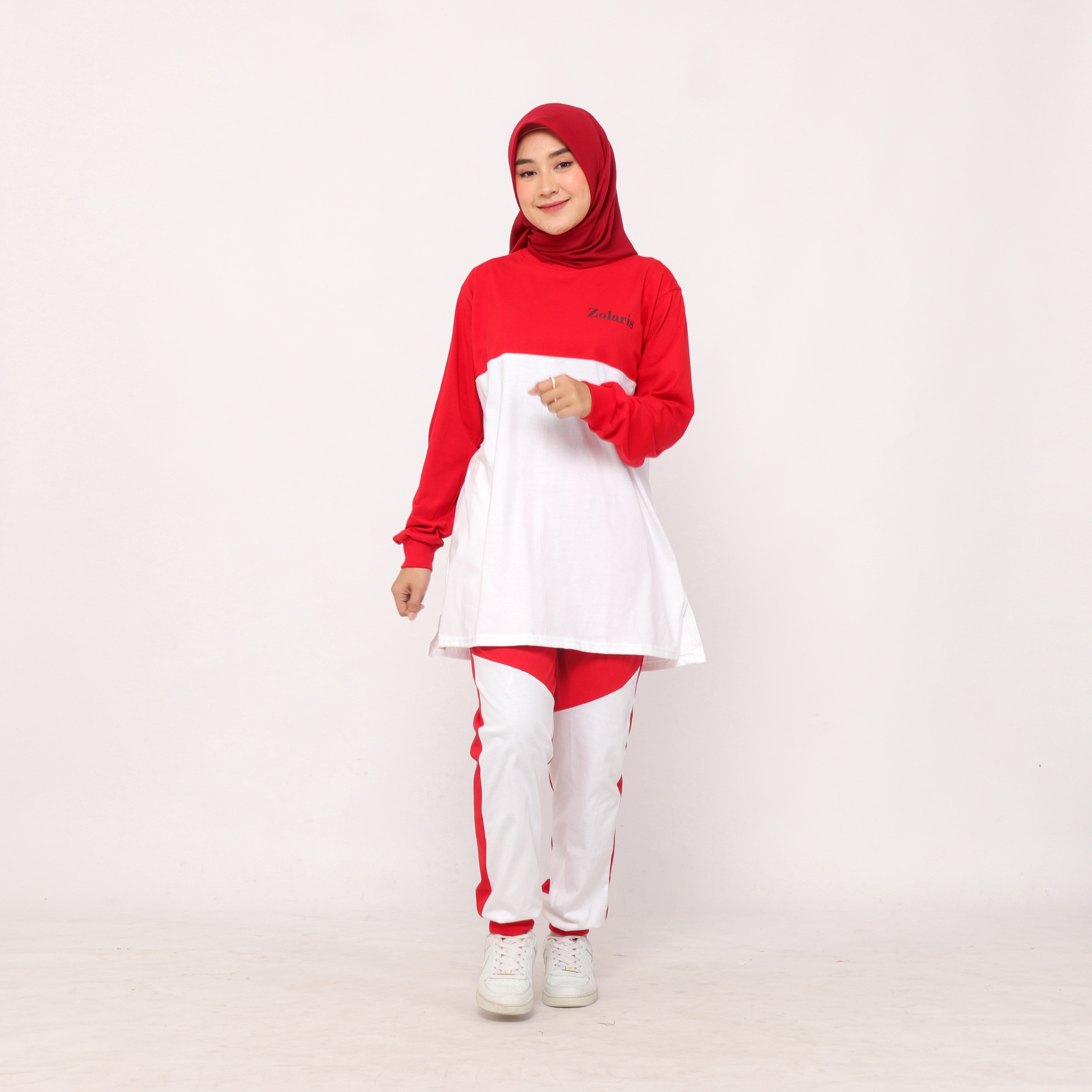 Setelan Baju Olahraga Merah Putih Wanita Muslimah Gowes Senam Joging ...