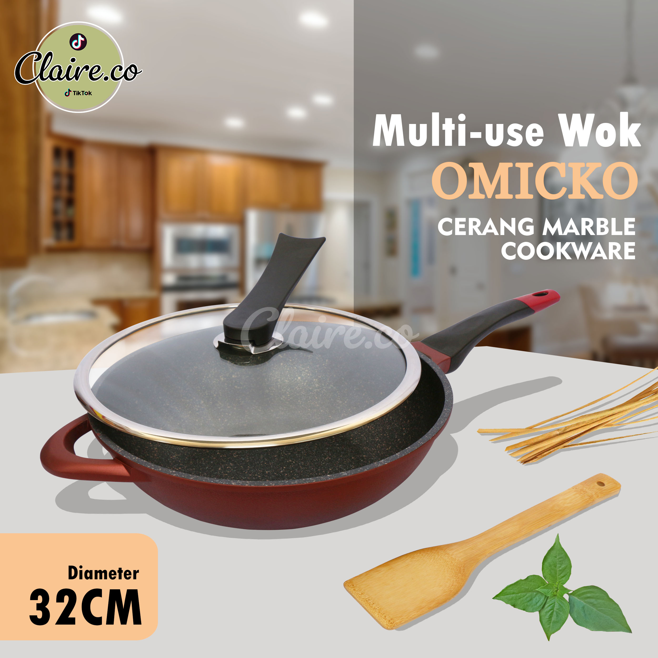 PANCI WOK OMICKO 32CM PAN MARBLE ANTI LENGKET BAHAN SANGAT TEBAL ...