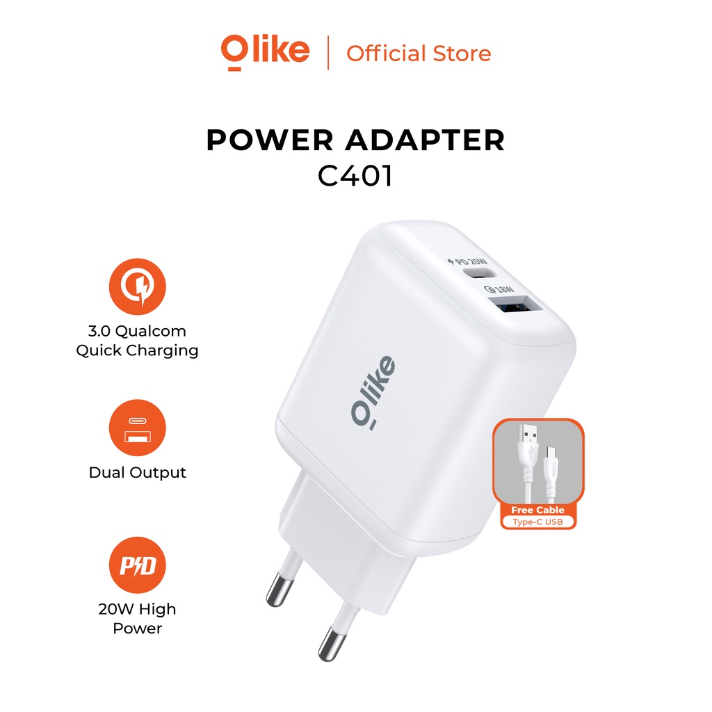 ADAPTOR CHARGER Olike C401 Qualcomm Quick Charge 3.0 Power Delivery 20W Dual Port Free Type-C ...