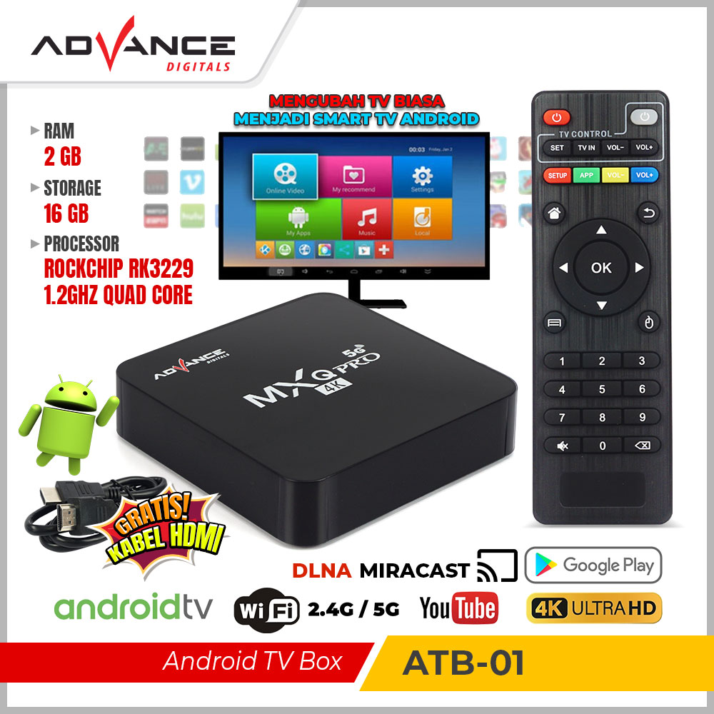 Advance Android TV BOX ATB-01 Digital Online TV BOX 5G 2G+16G 4K Internet Smart TV Garansi 1 ...