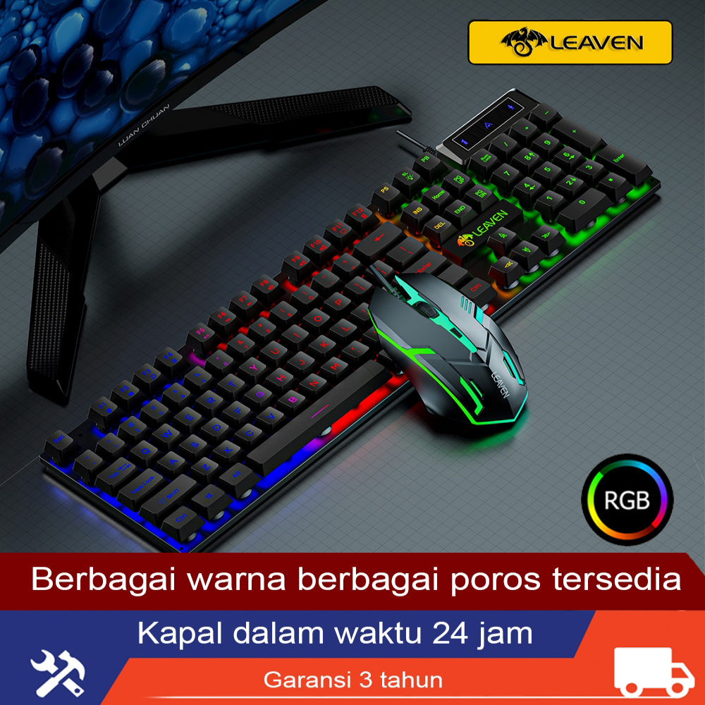 LEAVEN D320 paket keyboard mouse rgb mechanical gaming murah USB wired ...