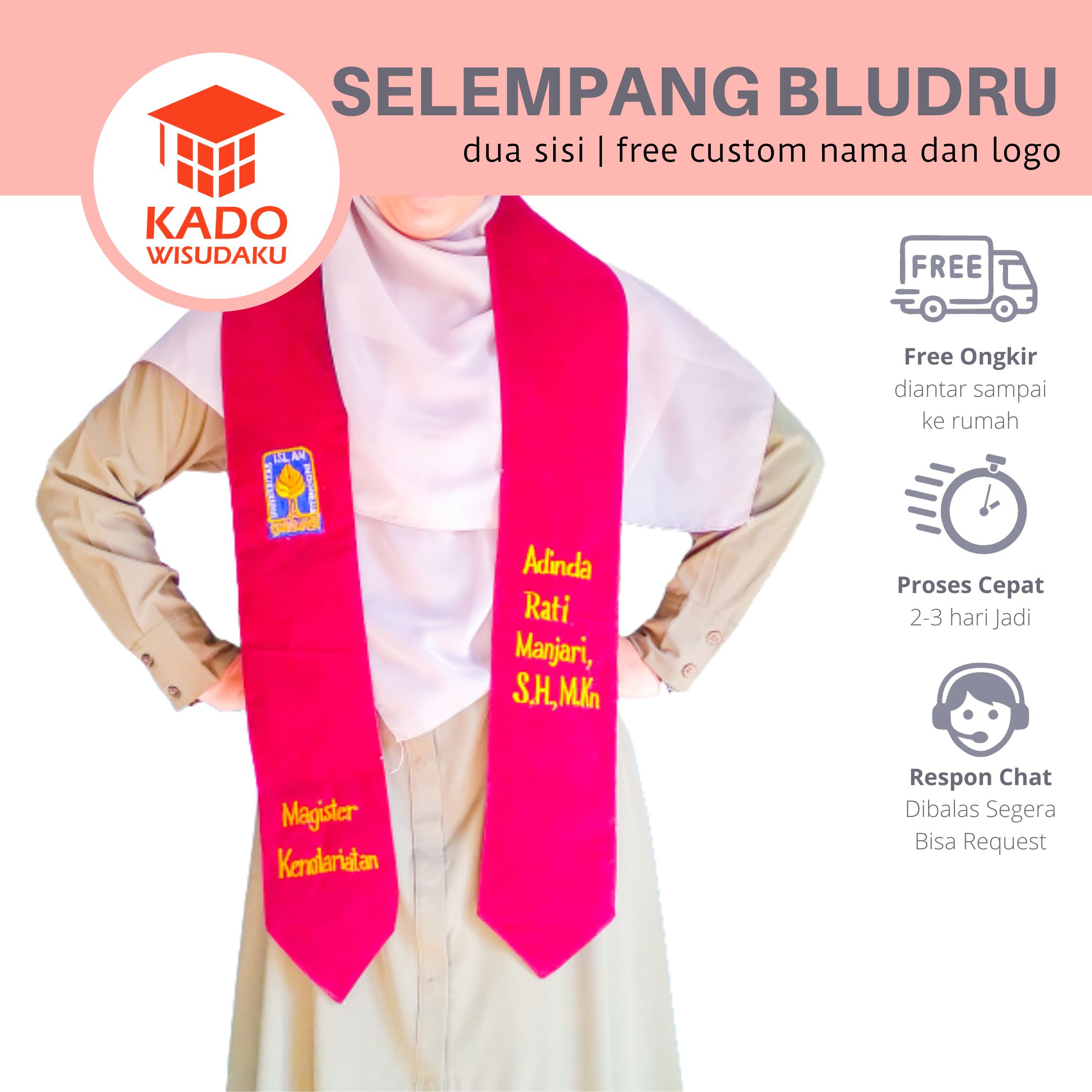Selempang Beludru Dua Sisi Bordir Nama Logo Kampus Merah | Lazada Indonesia