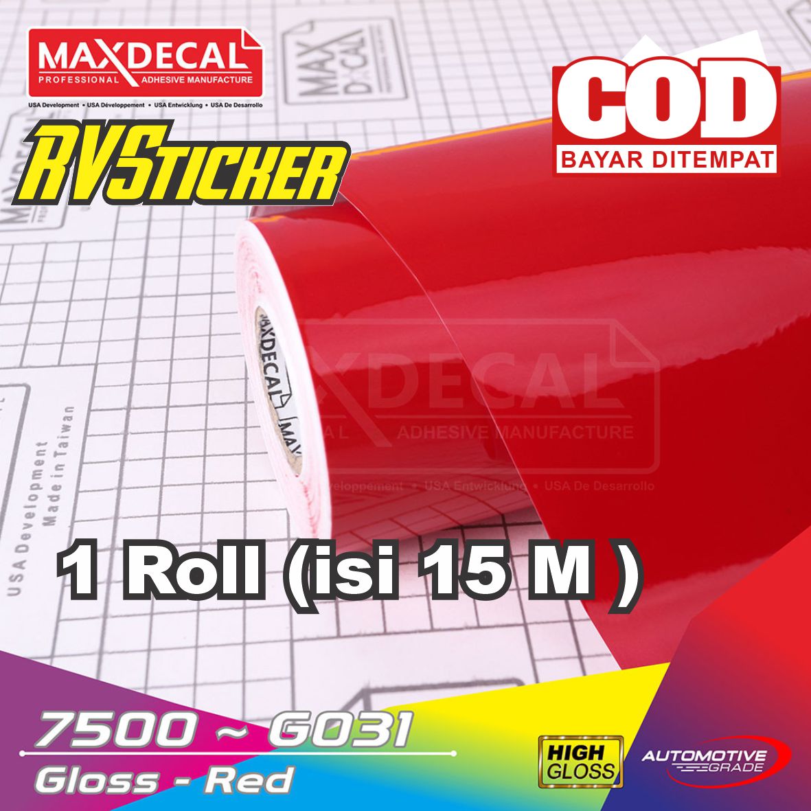 ROLL, Skotlet merah glossy Maxdecal 1 Roll isi 15 meter, tinggi 45 cm ...