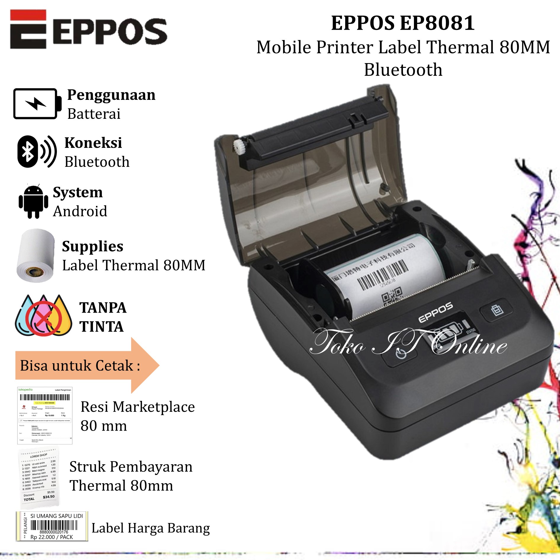 Printer Bluetooth Mini EPPOS 80MM EP8081 (Dual Mode) USB Bluetooth ...