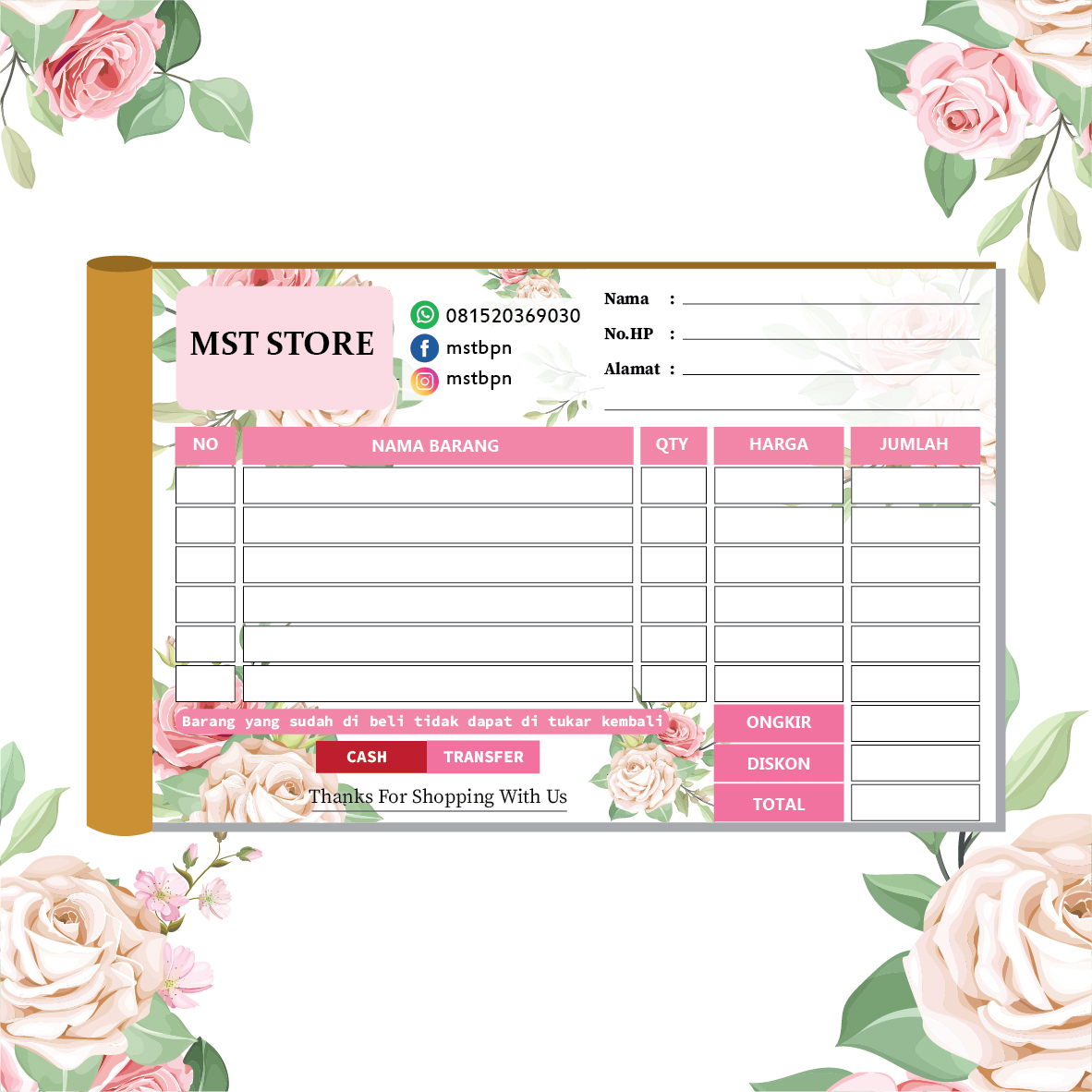 Nota Olshop Rose F / Nota Penjualan / Paket Hemat Nota Landscape ...